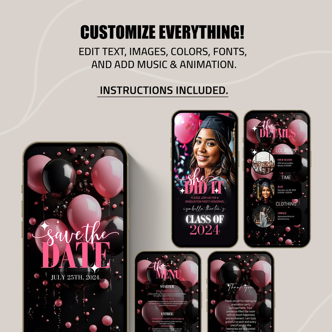 Pink Graduation Invitation Digital, Grad Announcement, High School ...