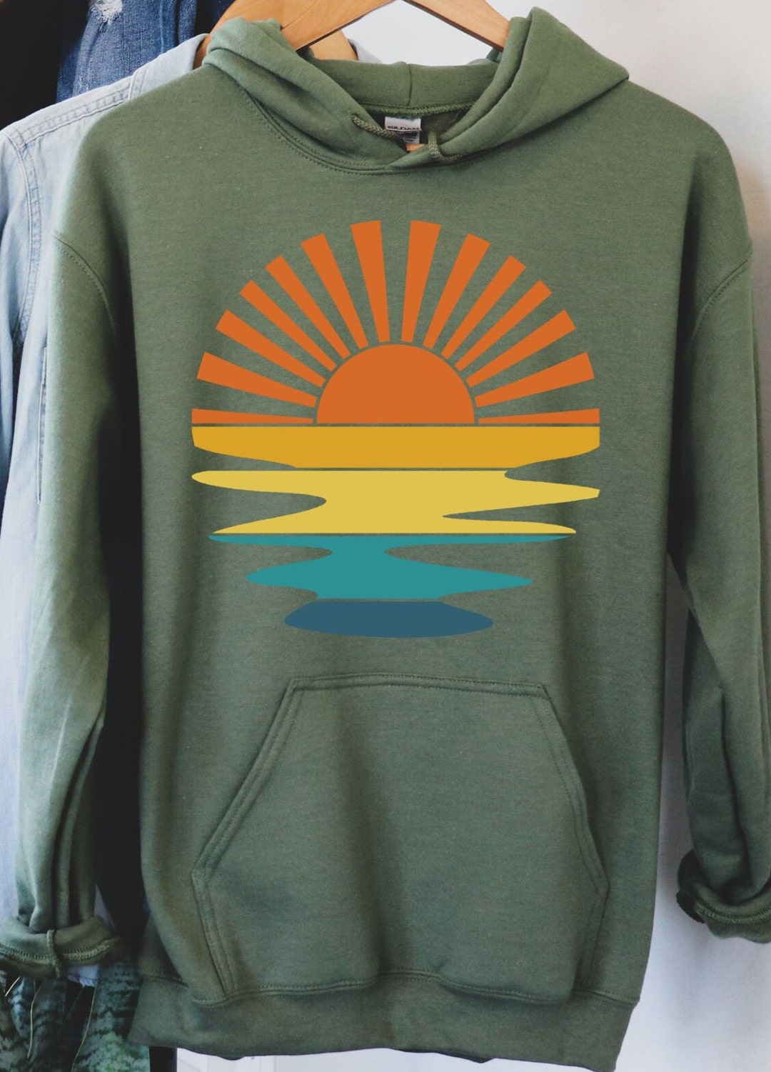 Retro Sunshine Hoodie, Retro Sunset Rays Wavy Back Sweatshirt, Sun Rays ...