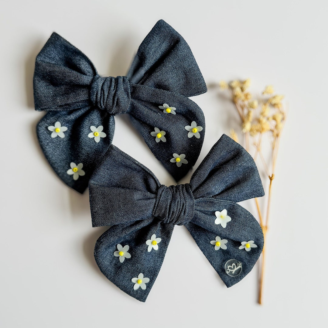Denim Hair Bows, Denim Pigtail Bows, Daisy Flower Hair Bows, Denim ...