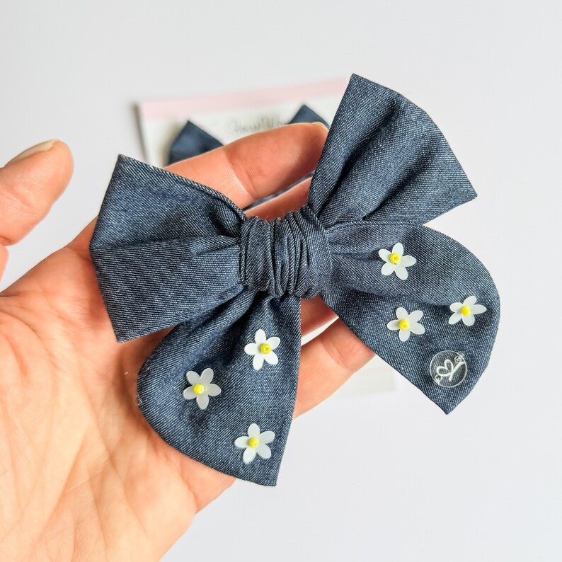 Denim Hair Bows, Denim Pigtail Bows, Daisy Flower Hair Bows, Denim ...