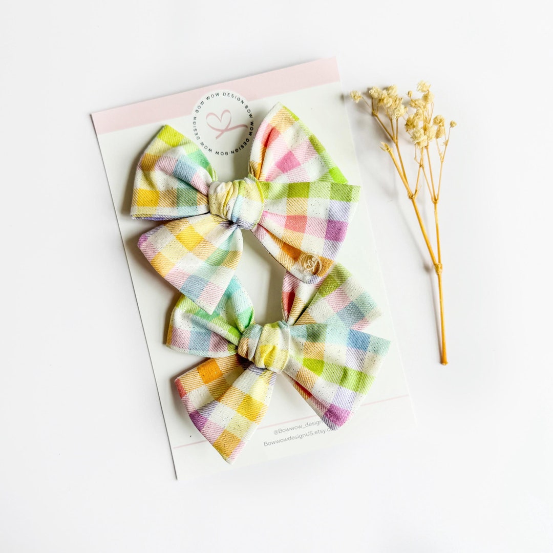 Pastel Color Plaid Bow, Plaid Pigtail Hair Bow, Plaid Cotton Fábric Bow ...