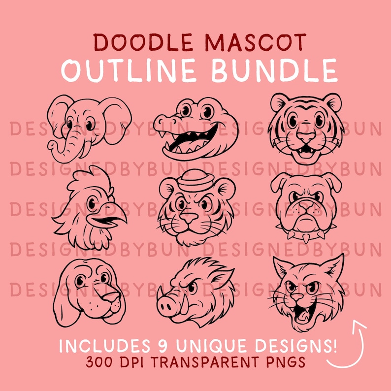 Doodle Mascot Outline Bundle: DIY Line Art Designs - PNG Files (digital ...