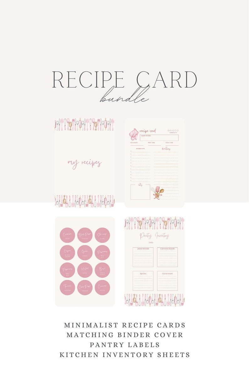 Recipe Card Bundle | Minimalist Printable Recipe Cards, Binder Covers ...