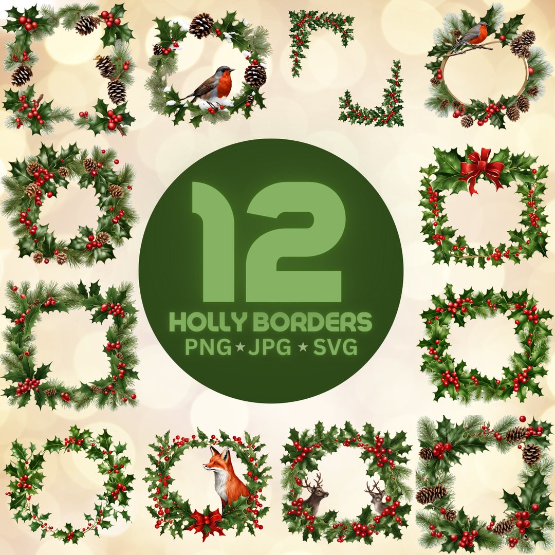 Holly Border Design Clipart, Holly Frame Svg, Christmas Holly & Berries ...