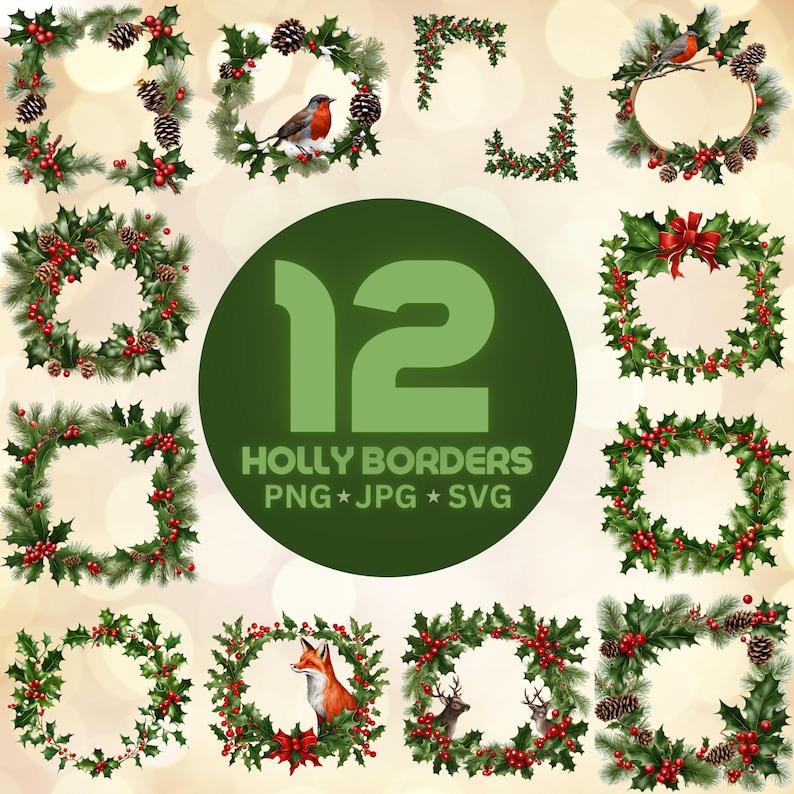 Holly Border Design Clipart, Holly Frame Svg, Christmas Holly & Berries ...