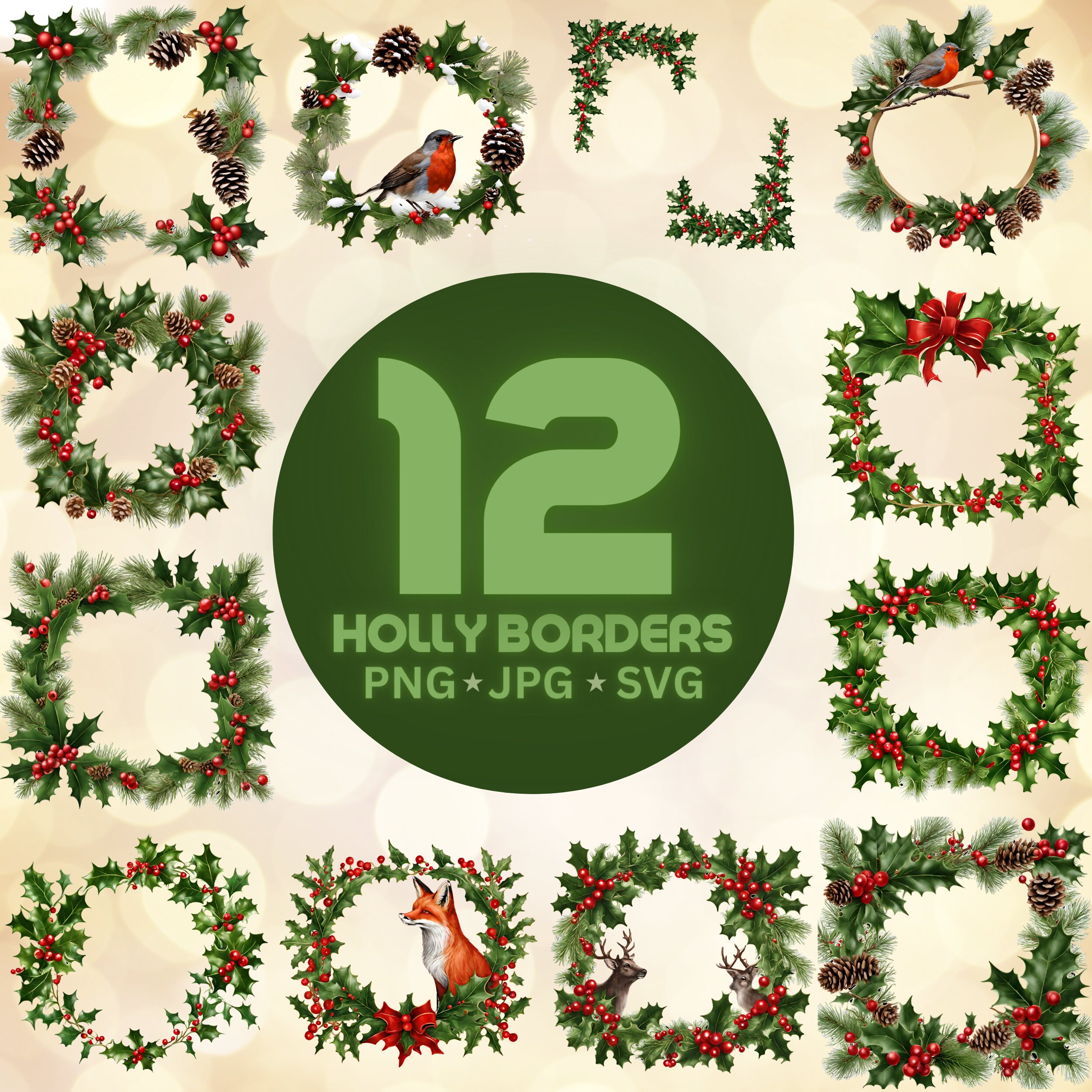 Holly Border Design Clipart, Holly Frame Svg, Christmas Holly & Berries ...