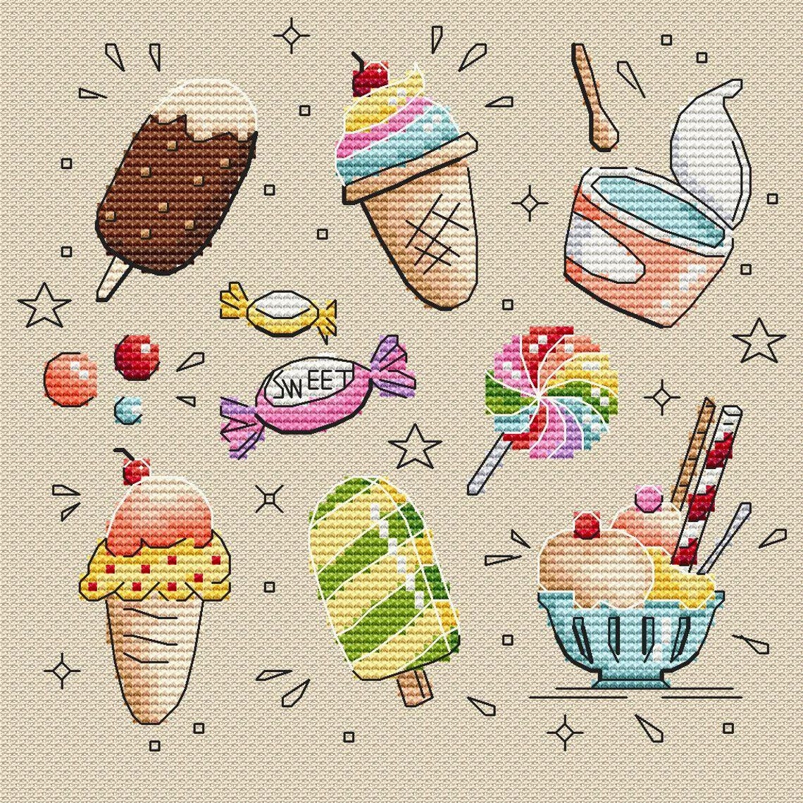 Ice Cream Cross-stitch Pattern ; Sampler Pattern ; Candies Embroidery ...
