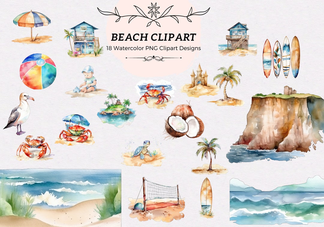 Magical Watercolor Beach Clipart PNG Bundle - Instant Download - Etsy