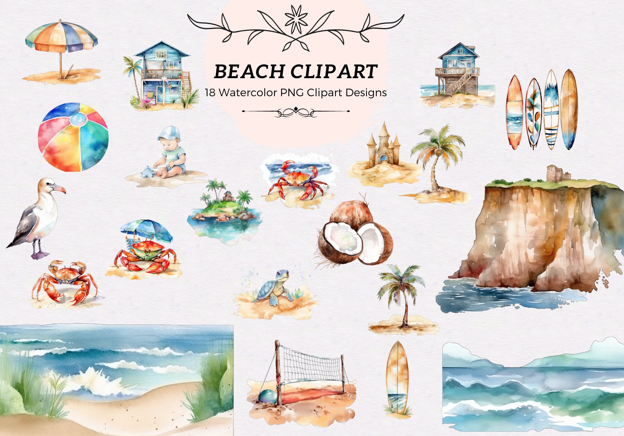 Magical Watercolor Beach Clipart PNG Bundle - Instant Download - Etsy