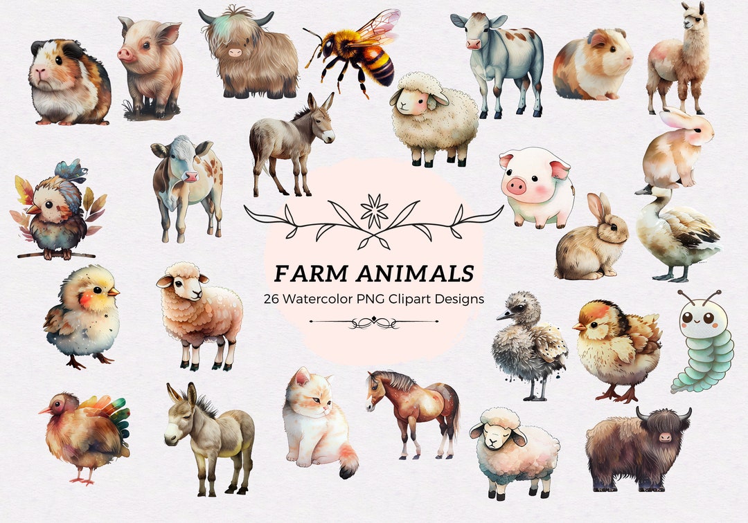 Watercolor Minimalist Farm Animal PNG Clipart Set - 26 Designs - Etsy