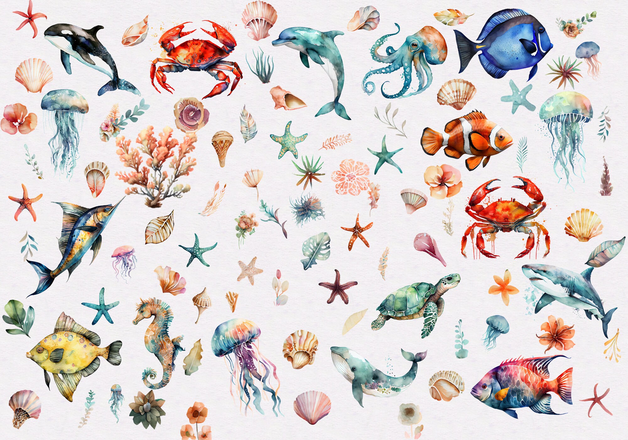 Sea Animal Crustacean Clipart Set With 95 PNG Designs Digital - Etsy