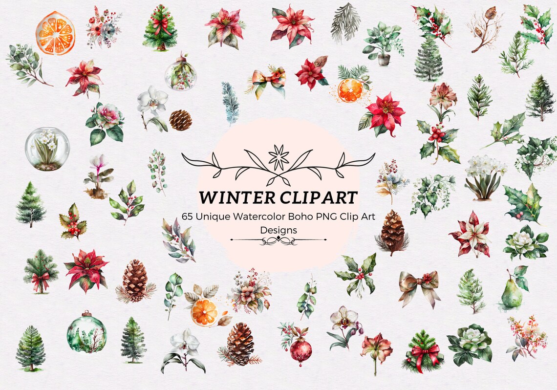 65 Watercolor Winter Greenery Clipart Poinsettia Clipart Christmas ...