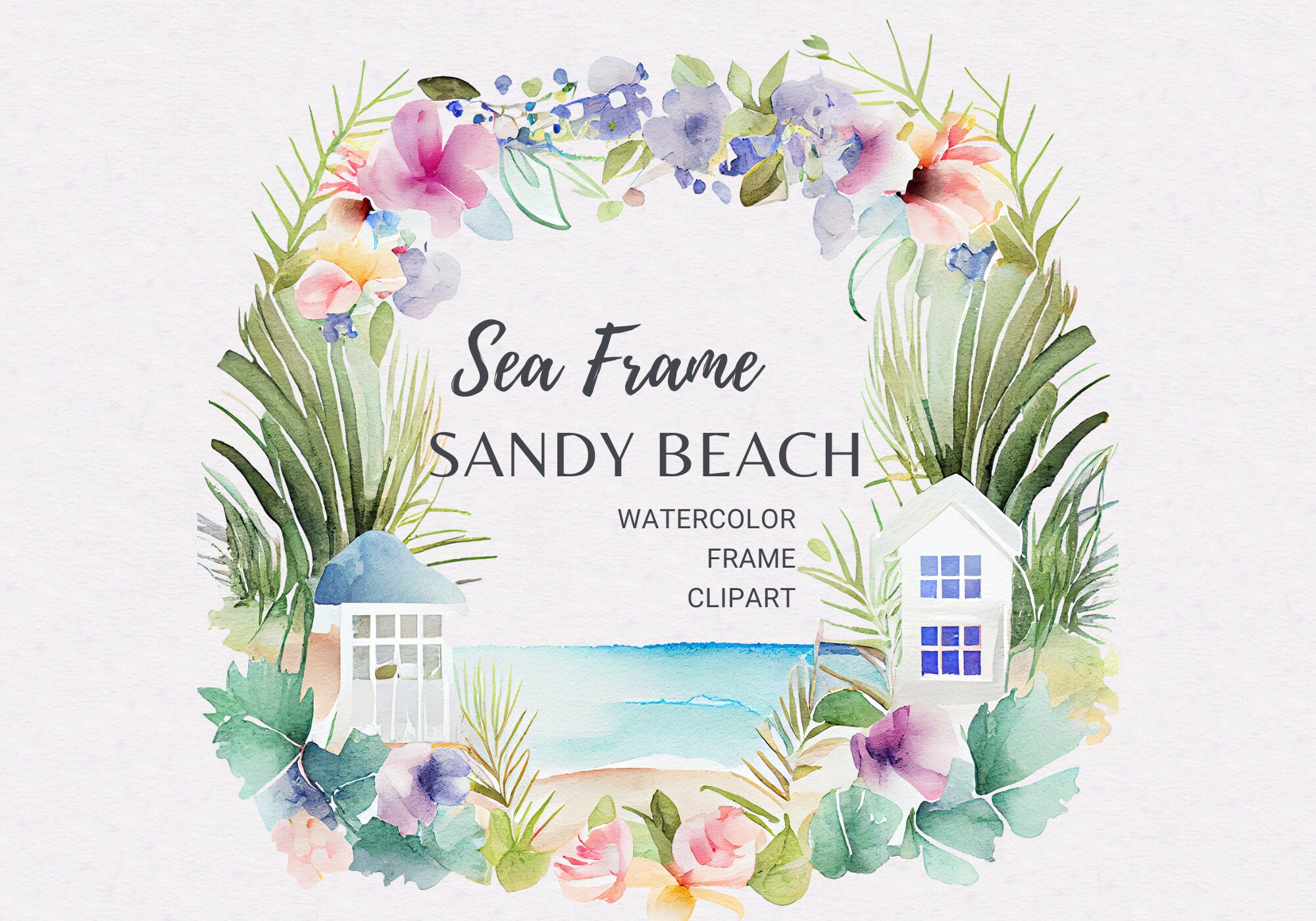 Sandy Beach Watercolor Frame PNG Floral Beach Clipart Floral Beach ...