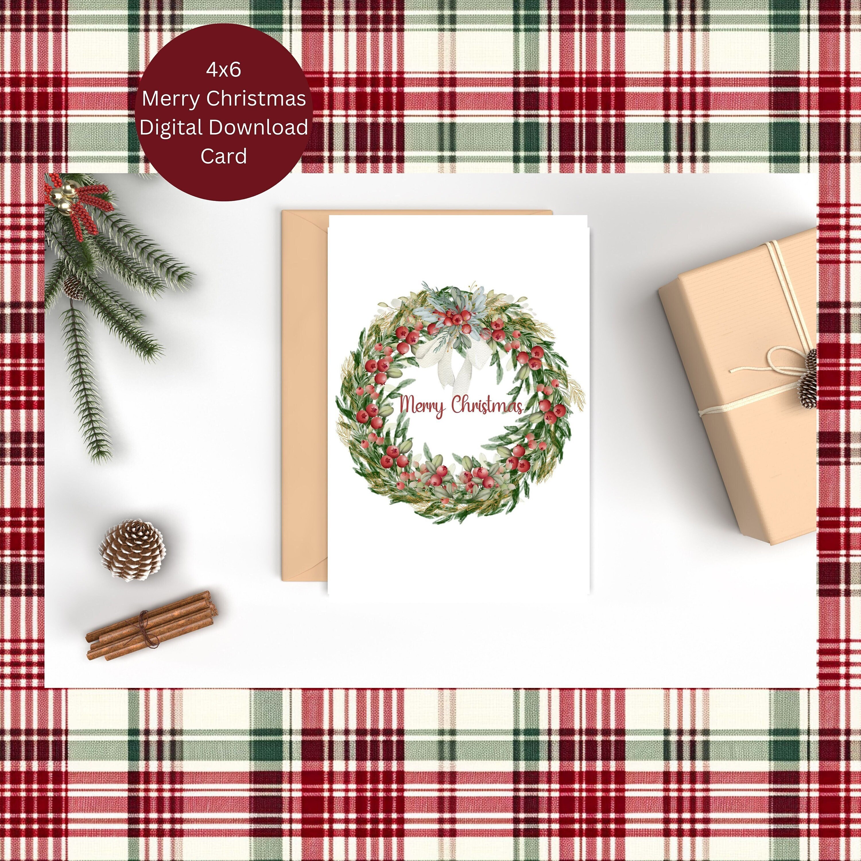 Christmas Card, Classic Christmas Wreath Card, Traditional Christmas ...
