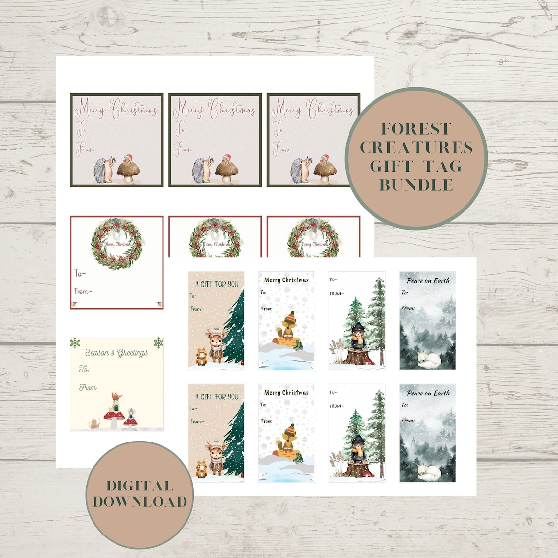 Printable Christmas Gift Tags, Forest Creatures Gift Tags, Digital ...