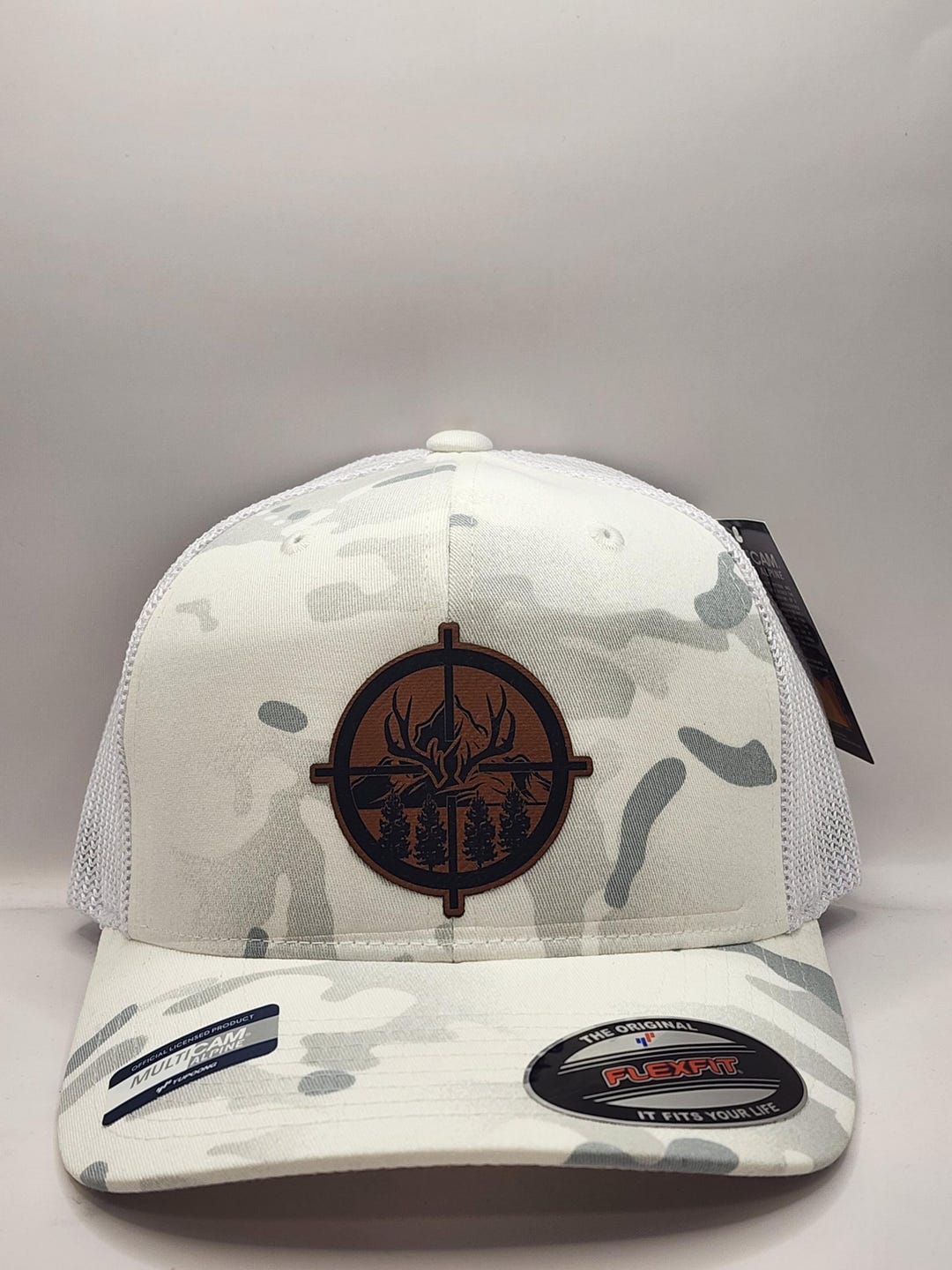 White Camo Hunting Hat - OSFM Cap With Elk Antlers & Mountains ...