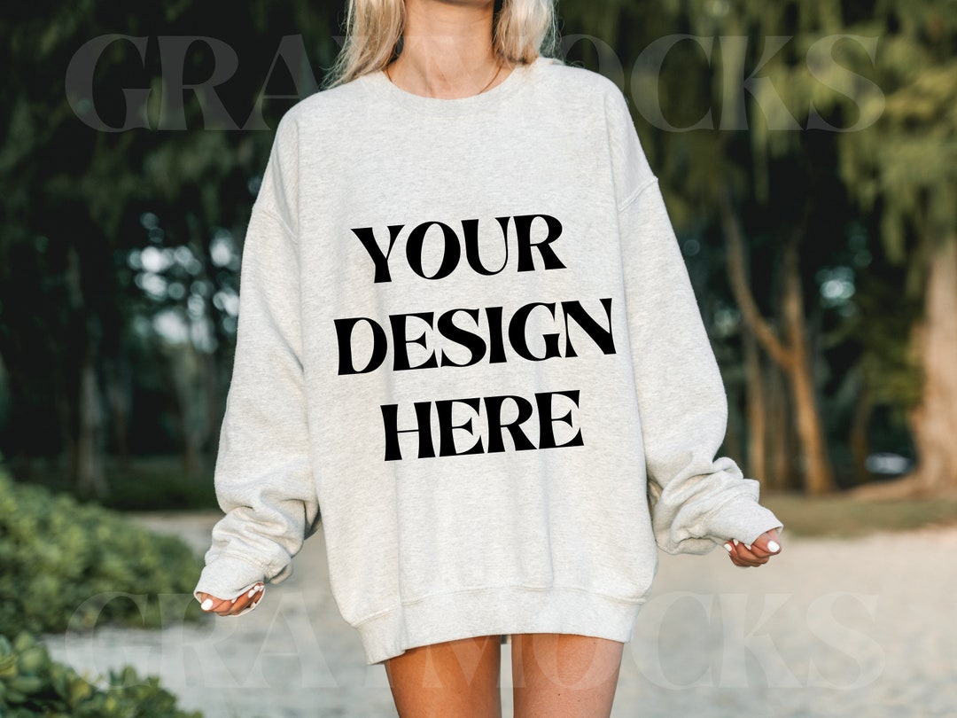Gildan 18000 Ash Grey Mockup Oversized Grey Sweatshirt Mockup Model ...