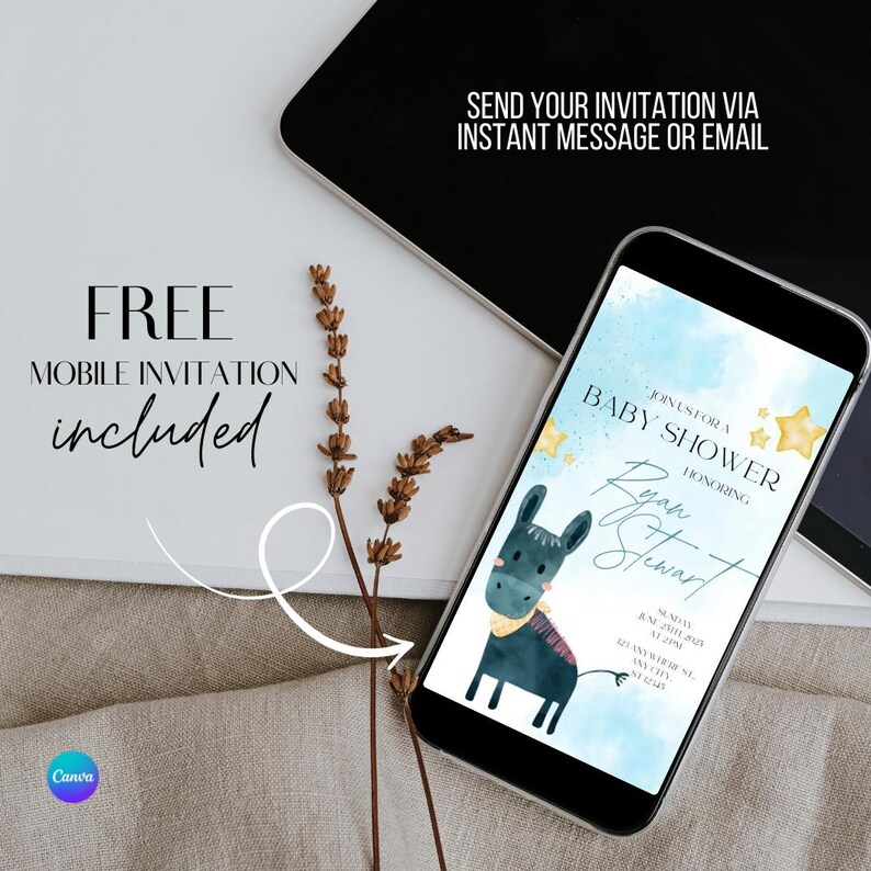 EDITABLE Donkey and Golden Star Baby Shower BUNDLE, Donkey Baby Shower ...