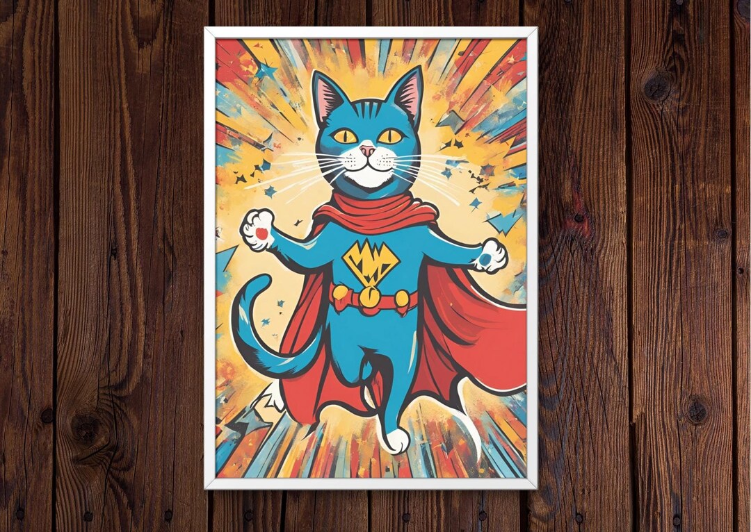 Superhero Cat Digital Art – Comic Book Style Cat Print – Funny Cat Wall ...