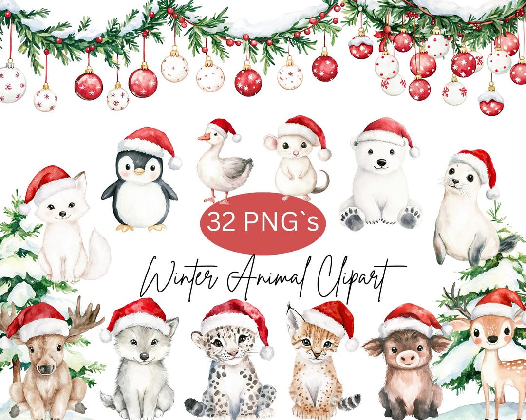 Winter Animals Clipart Bundle,watercolor Animals With Christmas Hat ...