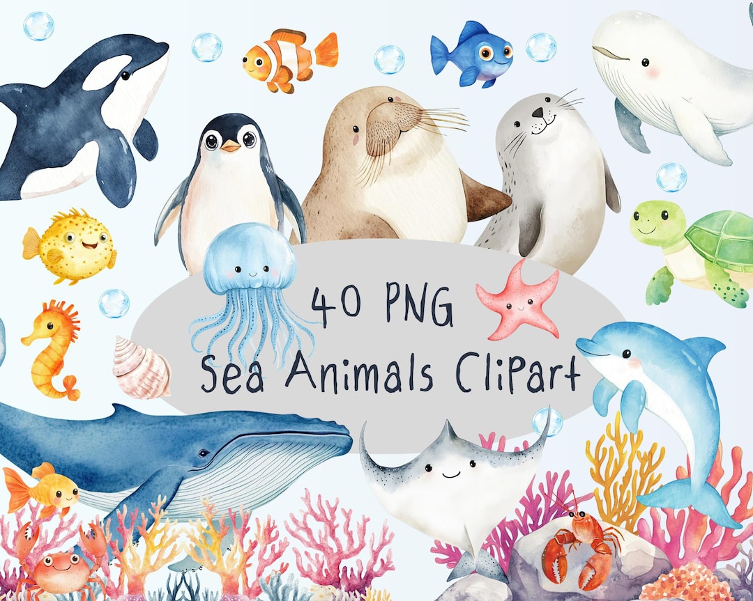 Watercolor Ocean Animals Clipart-ocean Clipart-kids Wall-art Clipart ...