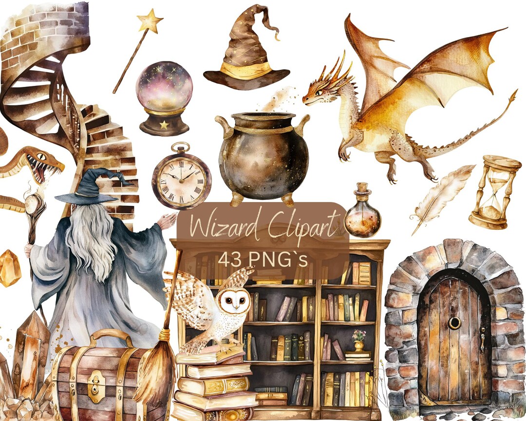Watercolor Wizard Clipart Bundle: Magic School PNG Images (digital ...