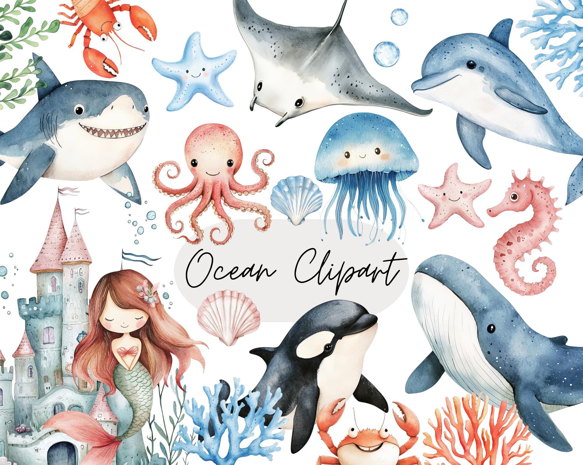Watercolor Undersea Clipart,ocean Adventure Illustration,cute Sea ...
