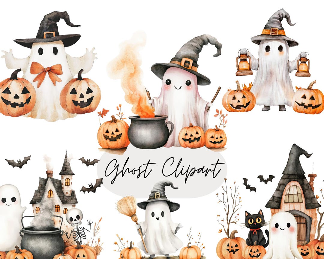 Watercolor Halloween Ghost Clipart: Spooky PNG Images (digital Download ...