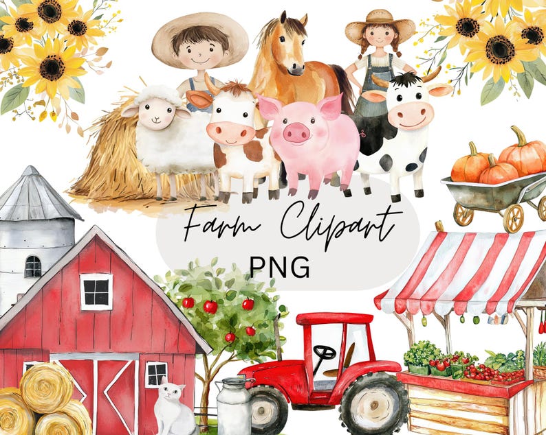 Cute Farm Clipart,watercolor Farm Adventure Illustration,farm Animal ...
