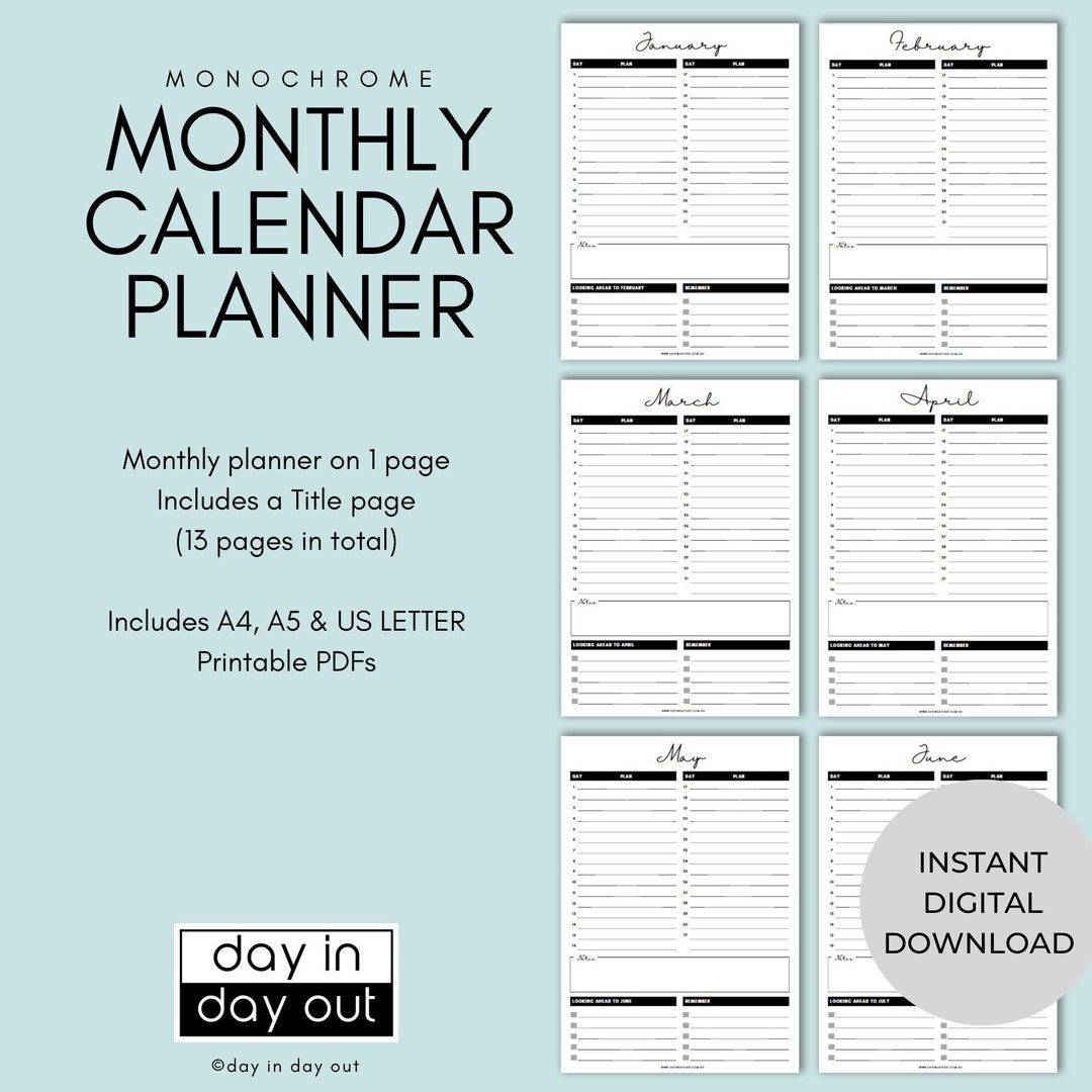 Monochrome Monthly Calendar Planner PDF Printable 12 Months - Etsy