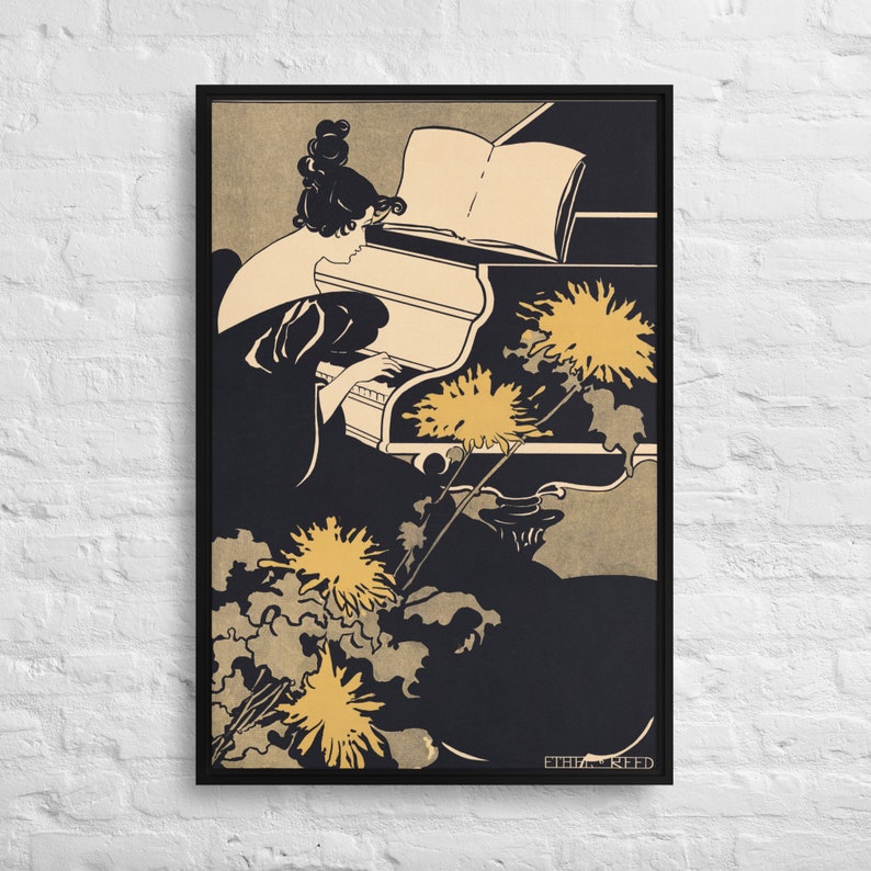 Vintage Art Nouveau Woman at Piano Framed Print - 1890s Painting ...