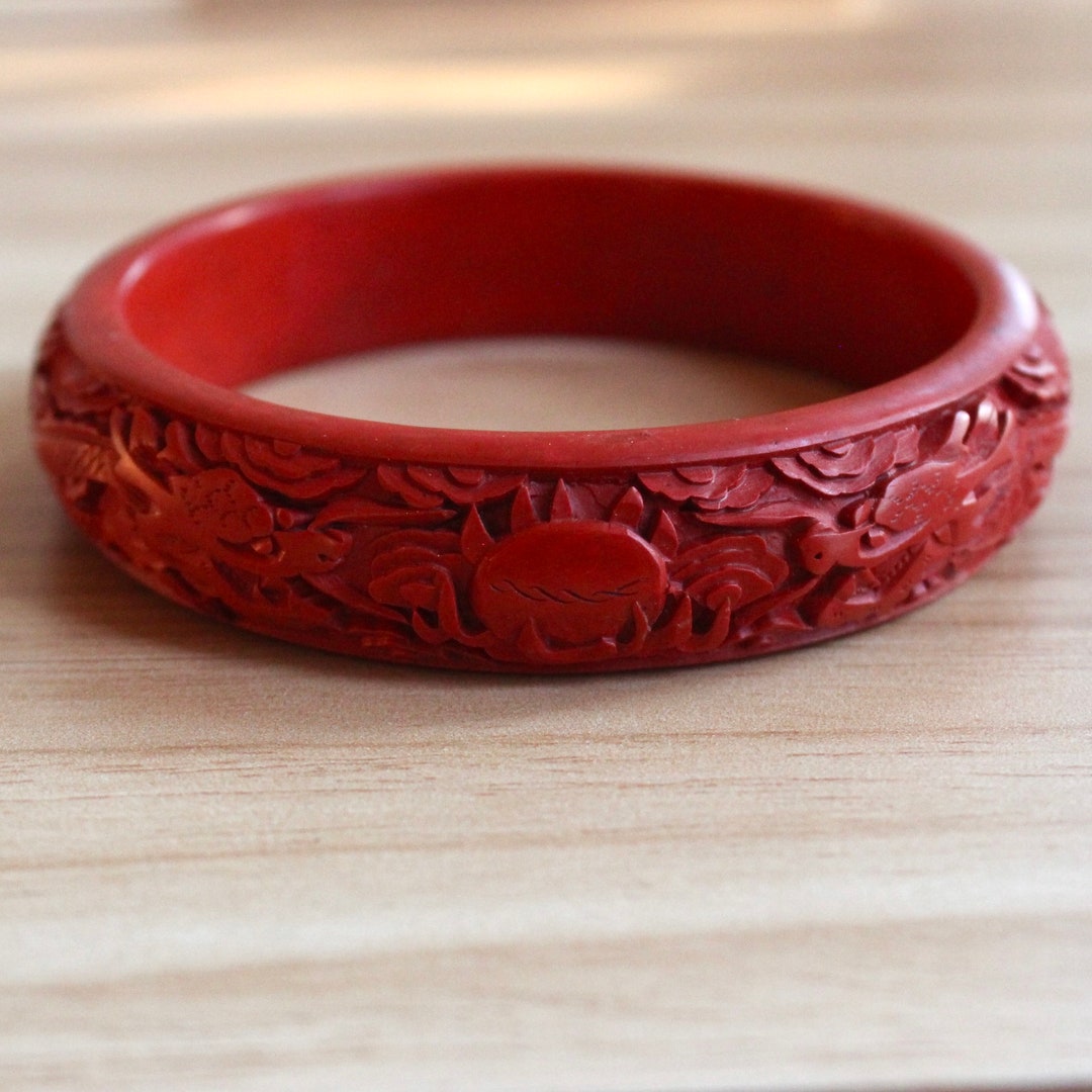 Red Cinnabar Bangle Bracelet With Dragon Carvings Vintage - Etsy