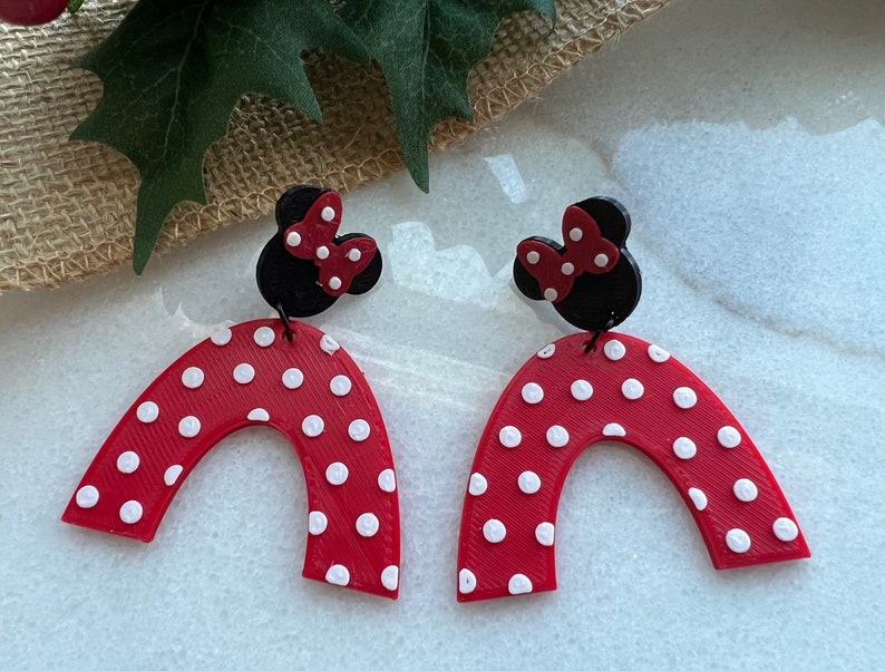 3D Printed Red and White Polka Dot Minnie Dangle Earrings | Mickey ...