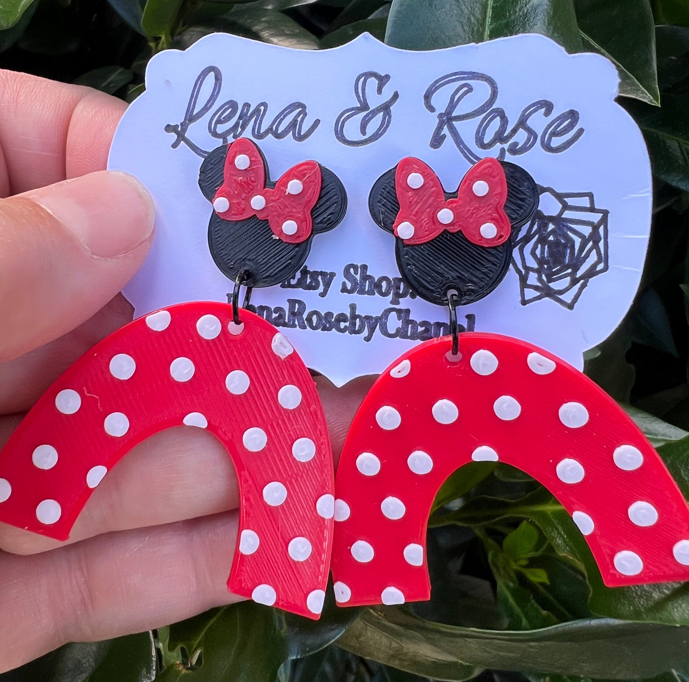 3D Printed Red and White Polka Dot Minnie Dangle Earrings | Mickey ...