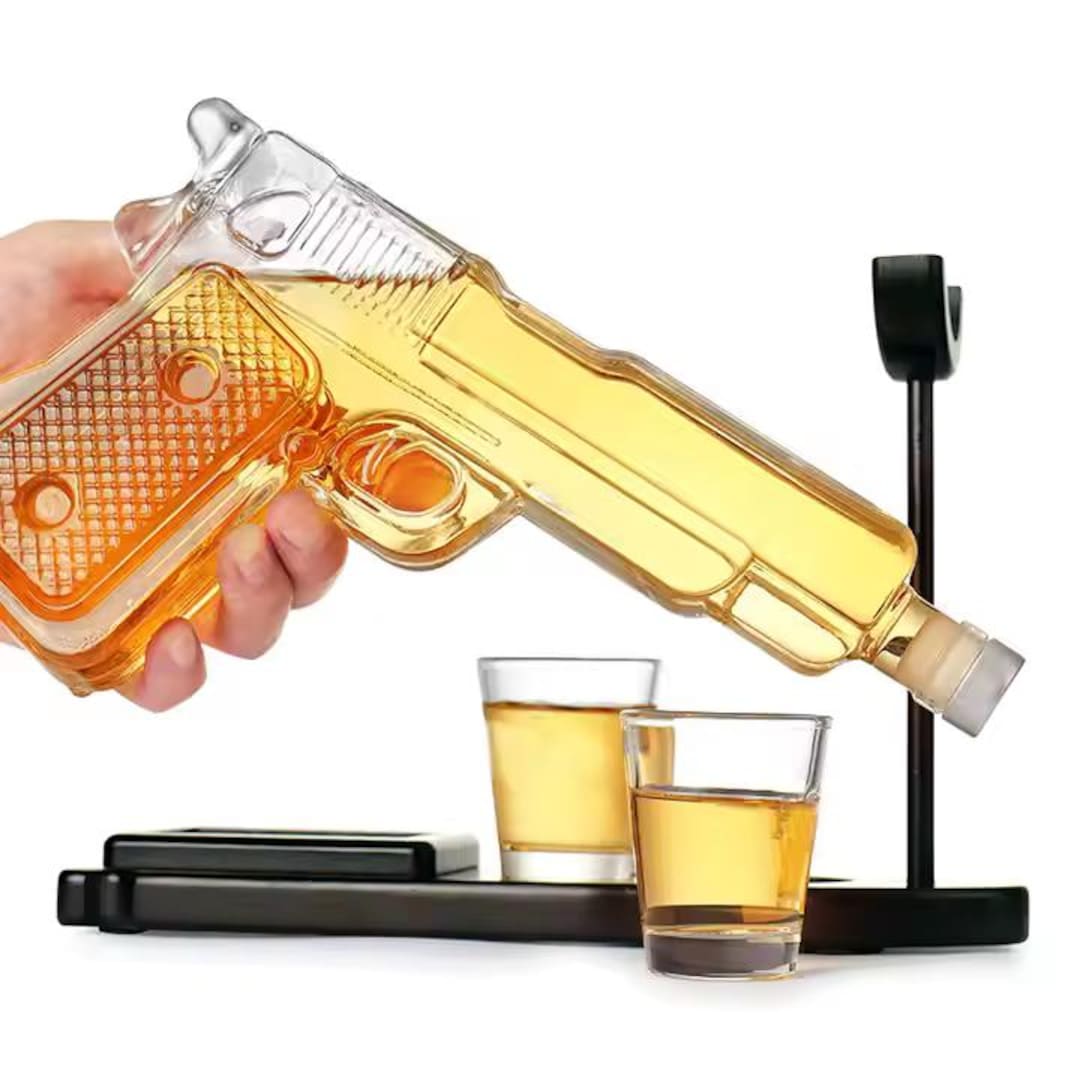 Glass Pistol Decanter Set: Unique Barware With Wooden Stand - Etsy