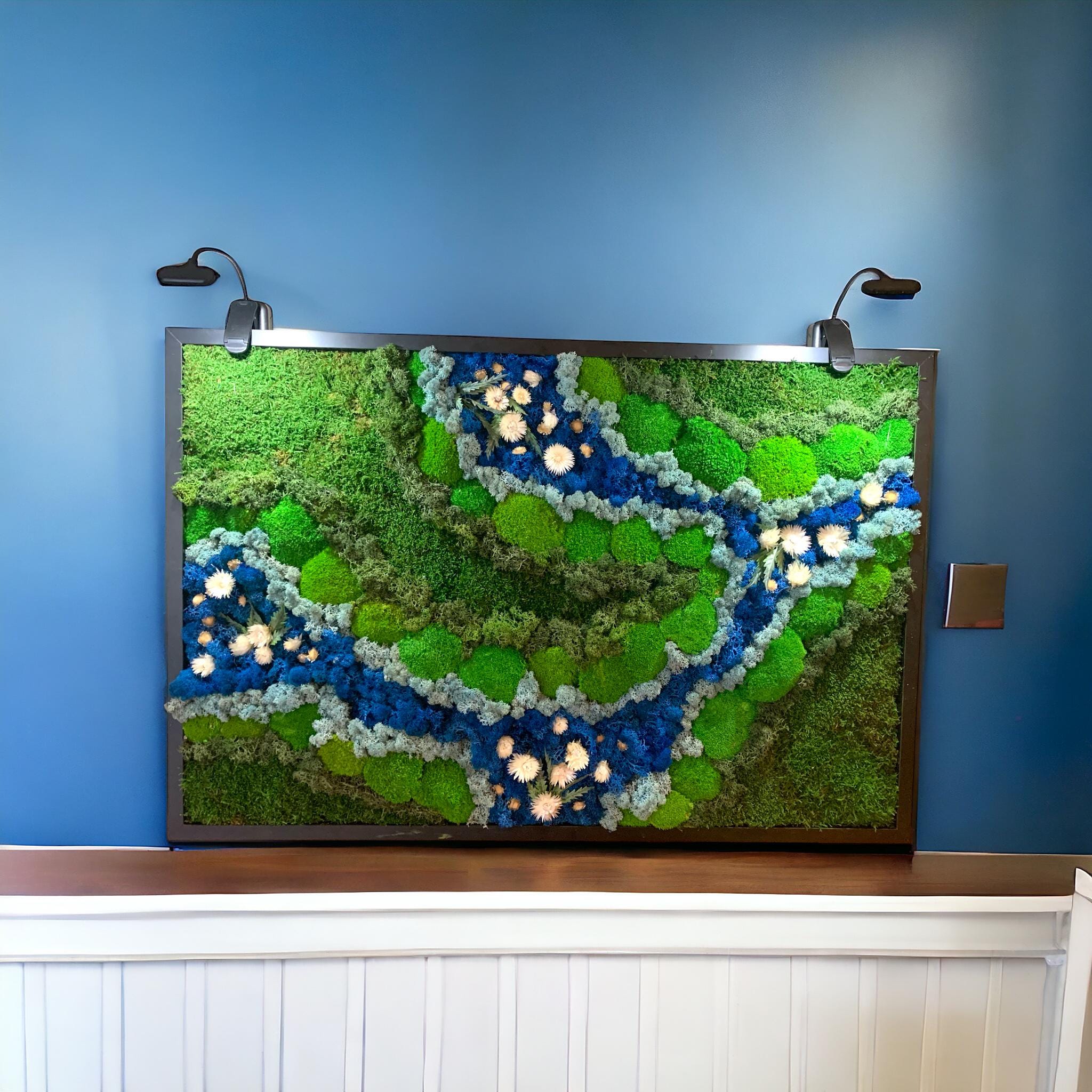 Preserved Moss Wall Art, LED Lighted Flowered Moss Wall Hanging, Led ...