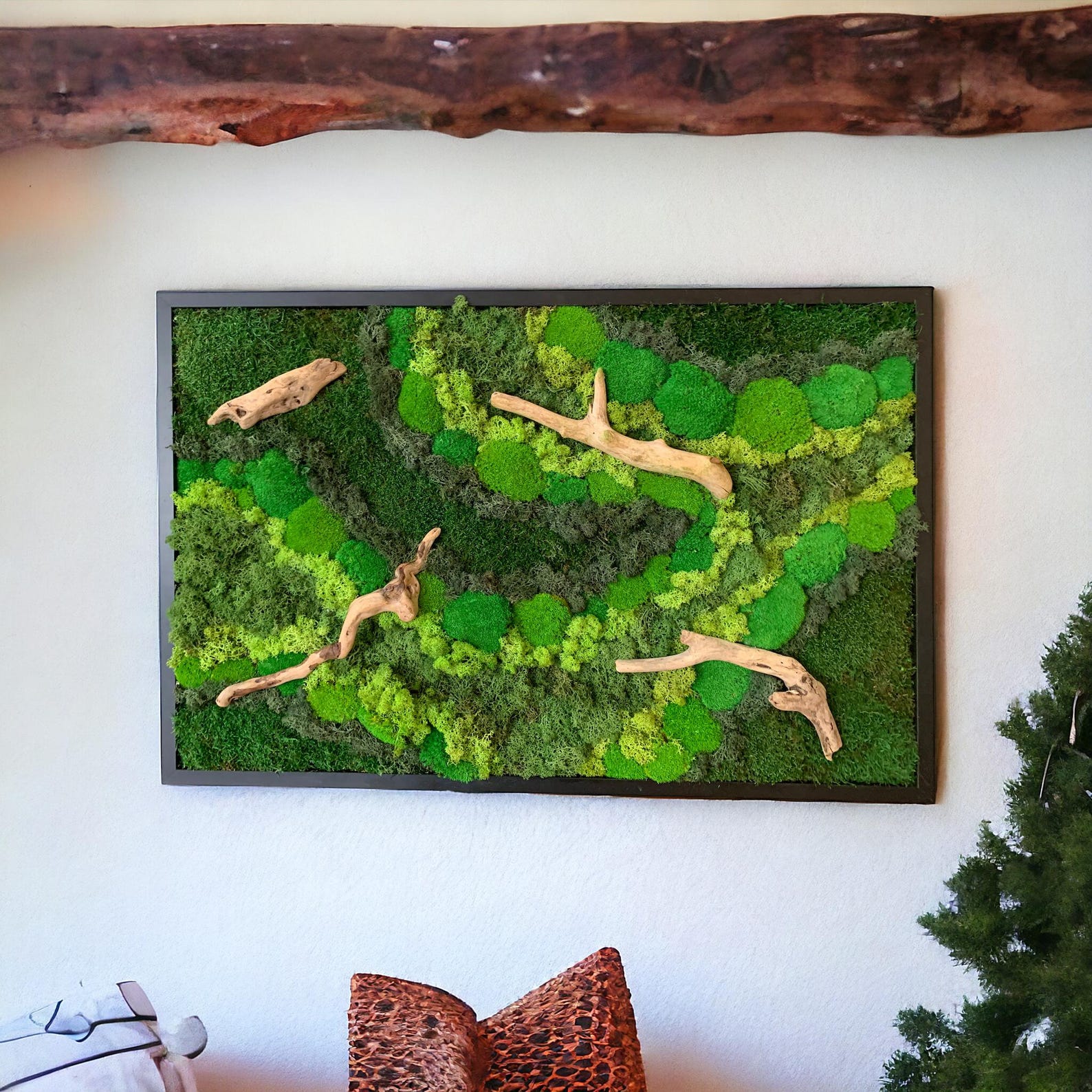 Preserved Moss Wall Art, LED Lighted Moss Wall Hanging, Driftwood and ...
