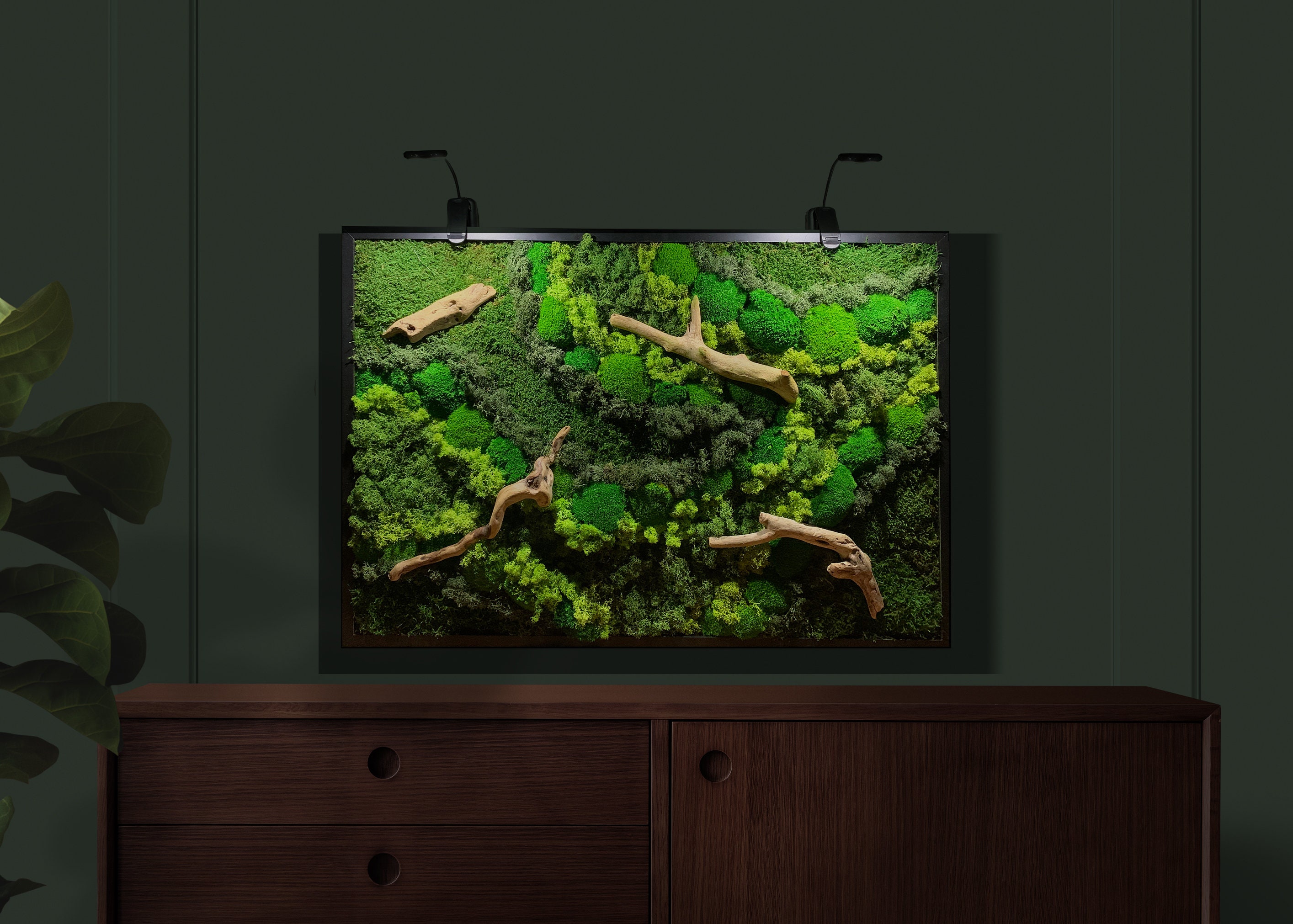 Preserved Moss Wall Art, LED Lighted Moss Wall Hanging, Driftwood and ...