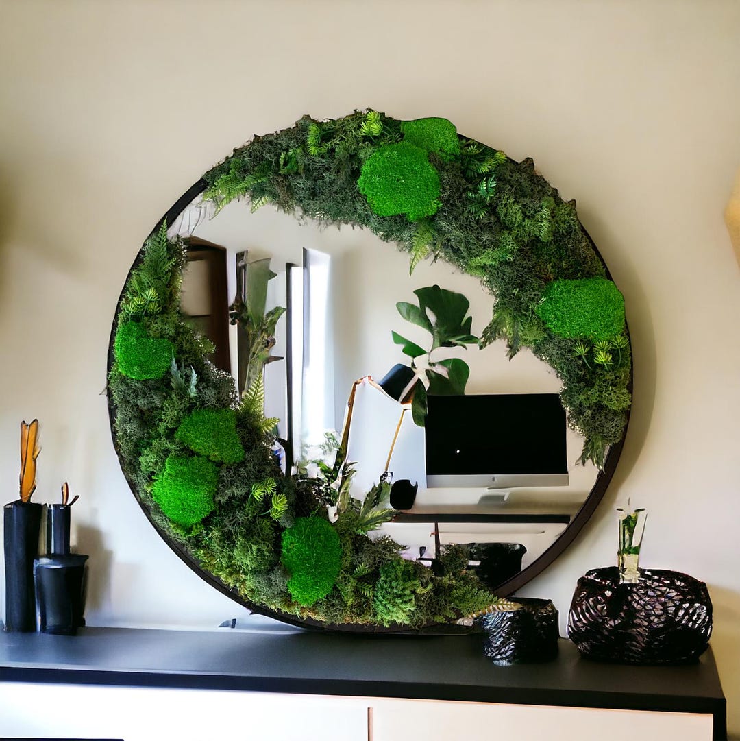 Preserved Moss Mirror: Round Living Moss Art, Eco-friendly Green Decor ...