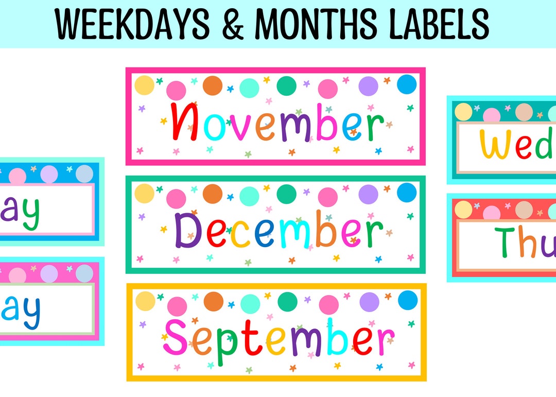 Printable Weekday and Months Labels Polka Dots and Stars - Etsy
