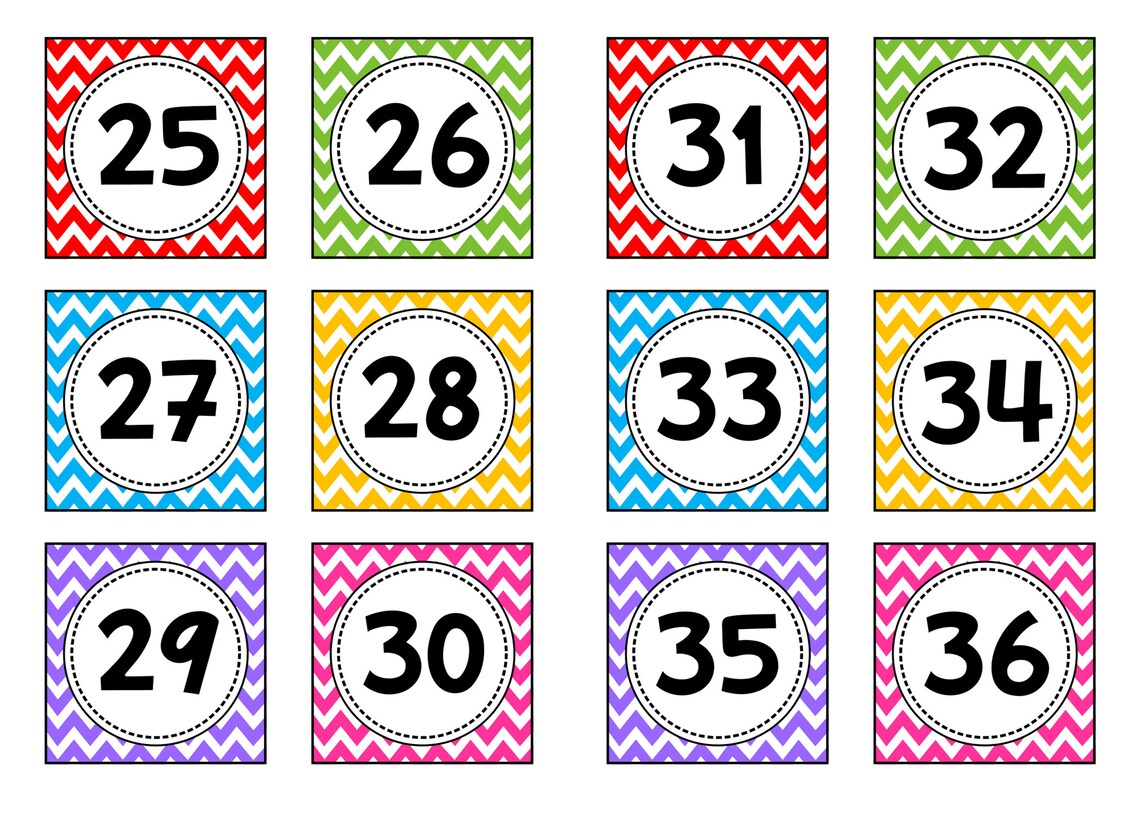 Printable Classroom Number Labels, Calendar Numbers, Bright Chevron ...