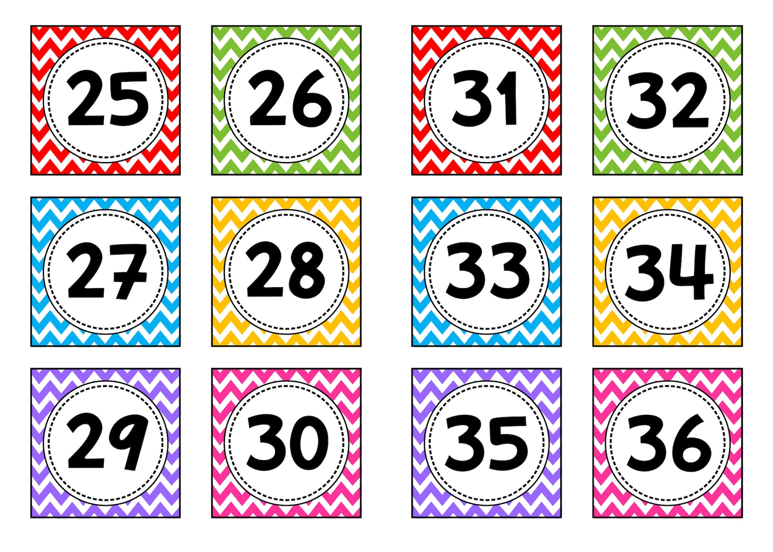 Printable Classroom Number Labels, Calendar Numbers, Bright Chevron ...
