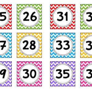 Printable Classroom Number Labels, Calendar Numbers, Bright Chevron ...