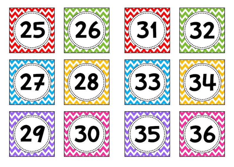 Printable Classroom Number Labels, Calendar Numbers, Bright Chevron ...