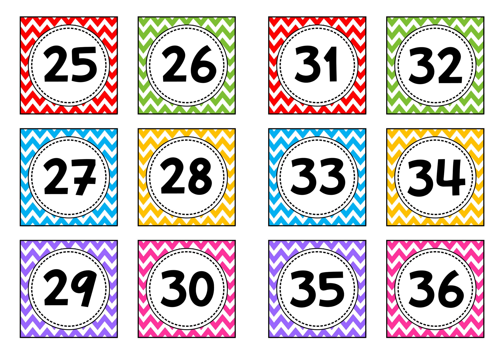 Printable Classroom Number Labels, Calendar Numbers, Bright Chevron ...