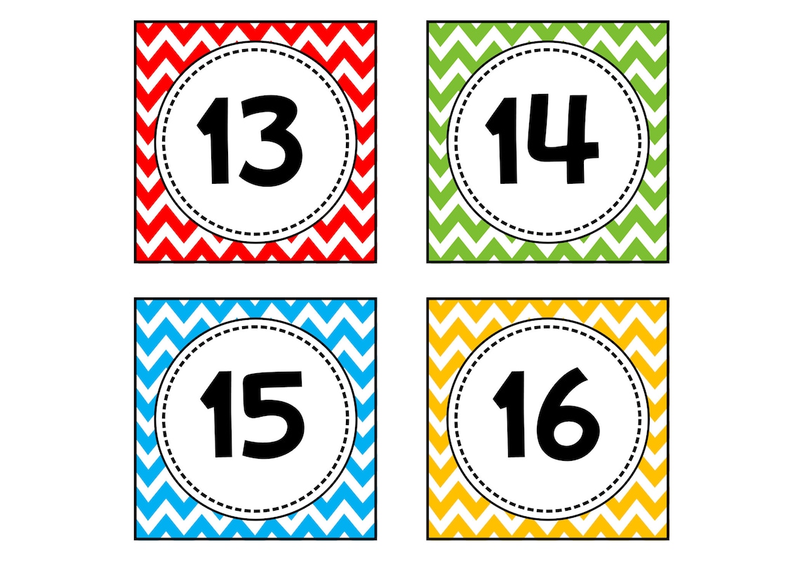 Printable Classroom Number Labels, Calendar Numbers, Bright Chevron ...
