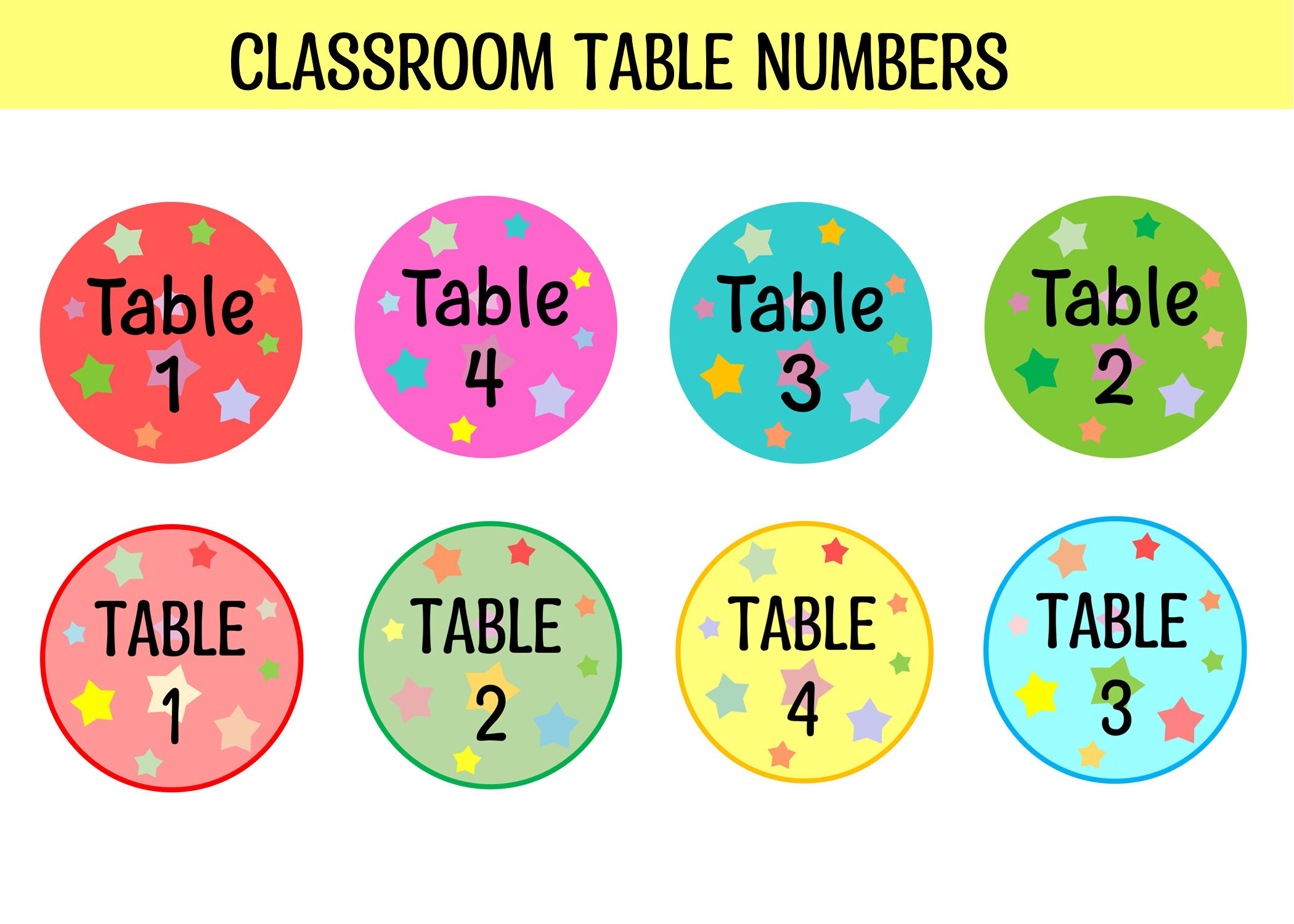 Editable Bright Colors Stars Round Classroom Table, Team and Group ...