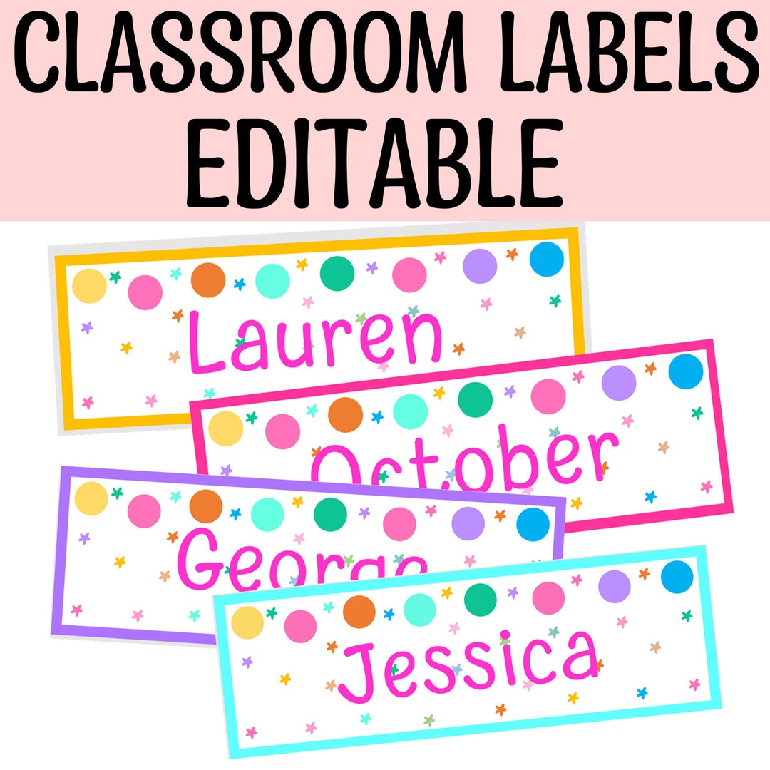 Printable Bright Polka Dots Name Tags, Stars Name Labels, Editable ...