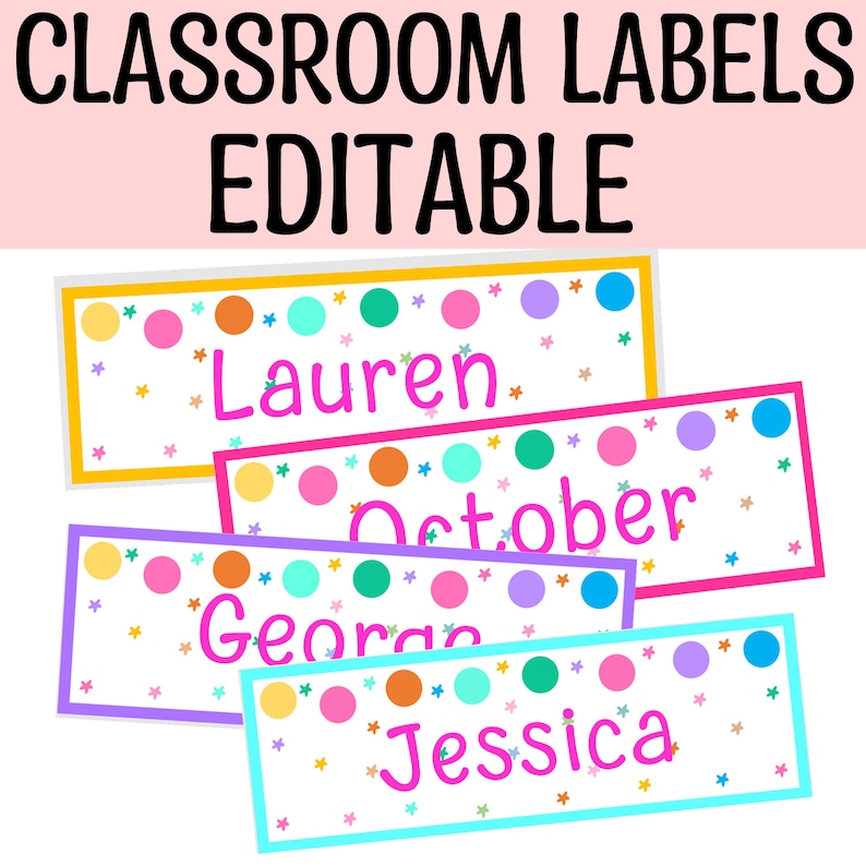 Printable Bright Polka Dots Name Tags, Stars Name Labels, Editable ...
