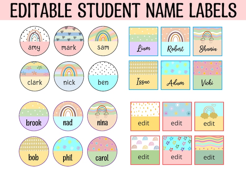 Name Tags Editable Round Rainbow Name Labels, Classroom Labels, Kid's ...